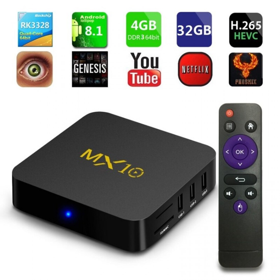 MX10 Smart TV BOX Android 9.0 Rockchip RK3328 DDR4 4GB Ram 32GB Rom ...